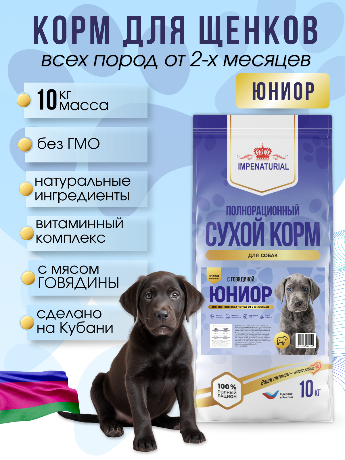Сухой корм Юниор для щенков всех пород от 2-х месяцев с говядиной Империал 10кг