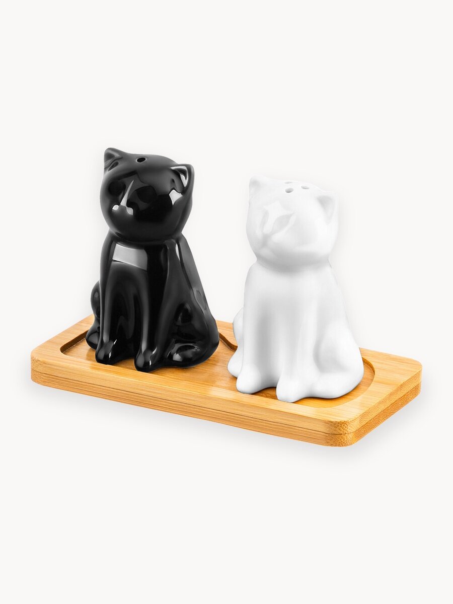 Набор для специй 2 предмета Elan Gallery Котики черно-белые на деревянной подставке