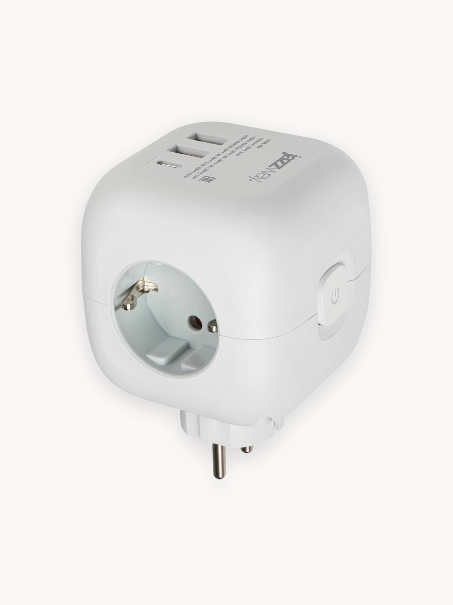 Разветвитель тройник кубик, 2 USB, 1 TYPE-c, быстрая зарядка, с выключателем Jazzway