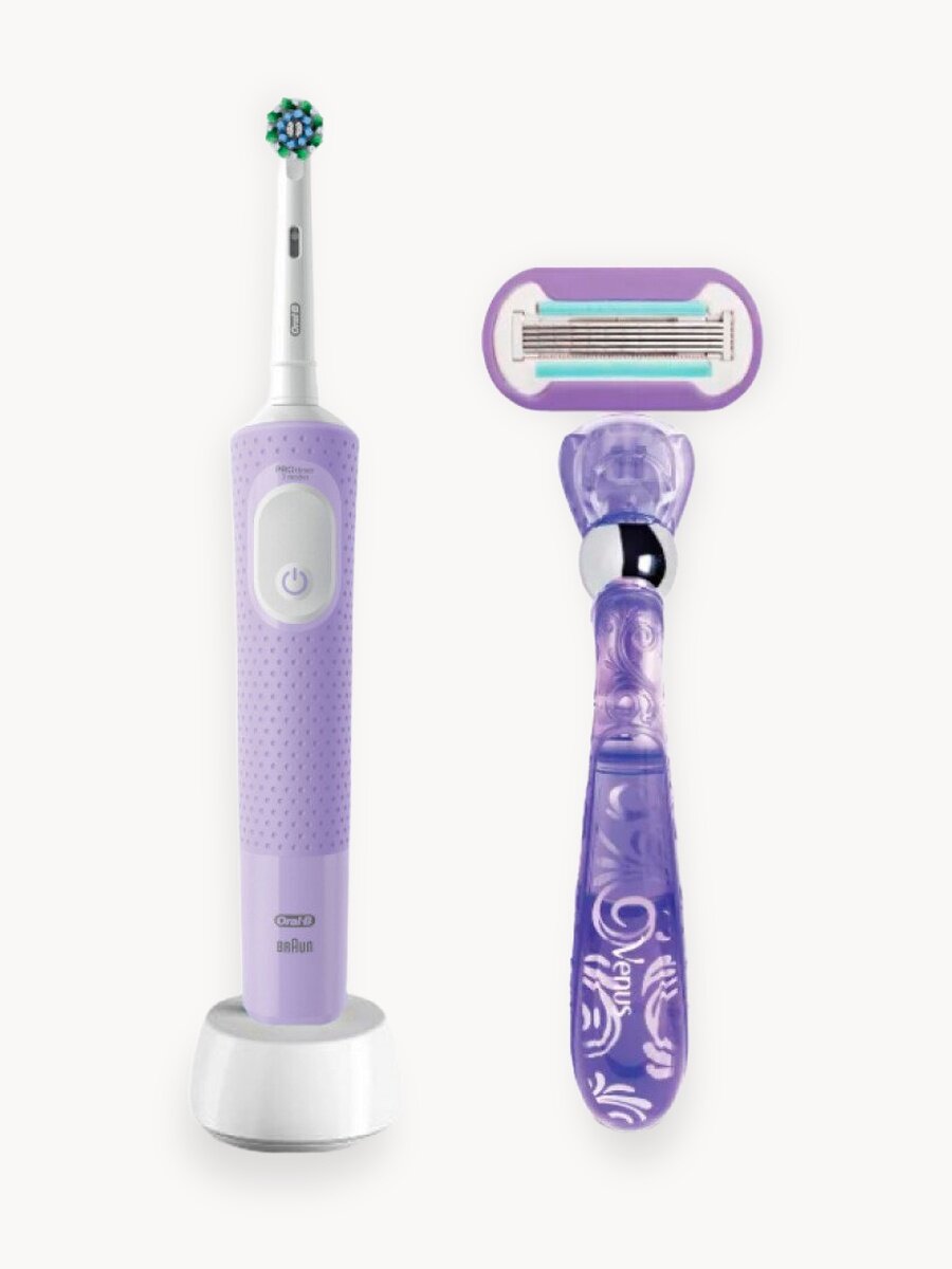 Подарочный набор электрическая зубная щетка Oral-B Vitality Pro лиловая, женская бритва Venus Deluxe Swirl