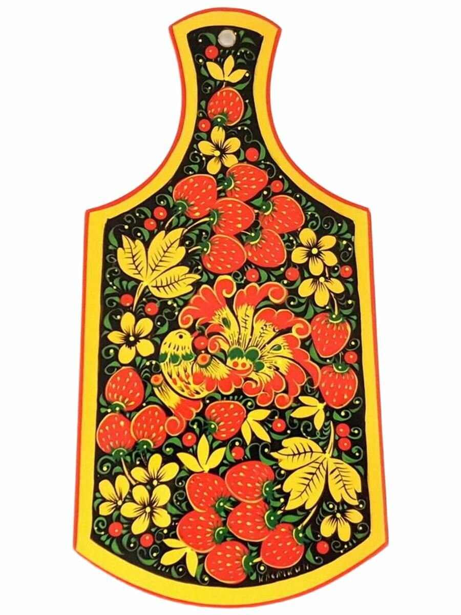Панно декоративное, Доска разделочная 25х13х0,5 см. - Птичка Клубничка, Хохломская роспись (Хохлома), ручная авторская работа