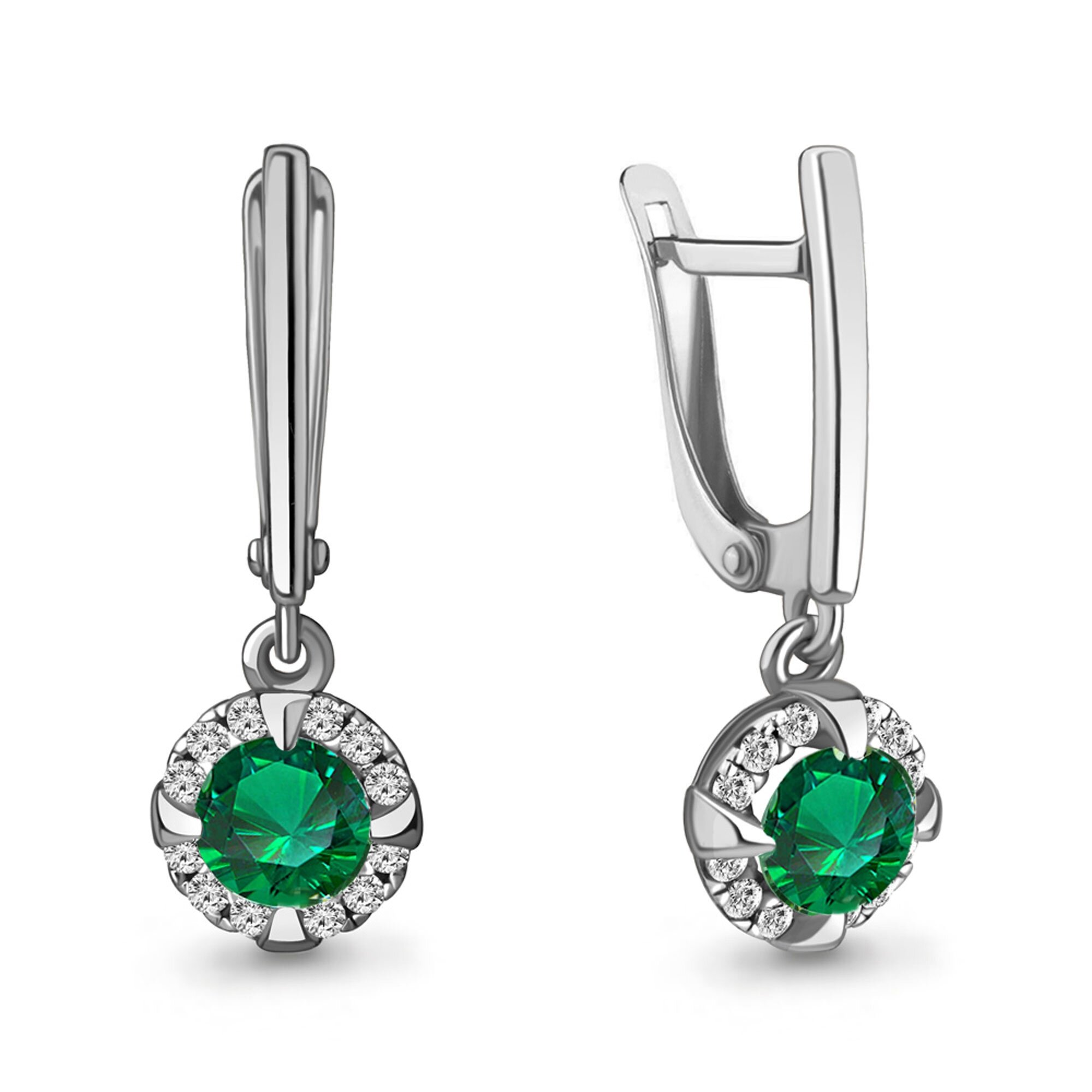 Серьги, серебро, 925 проба, родирование, изумруд синтетический, фианит