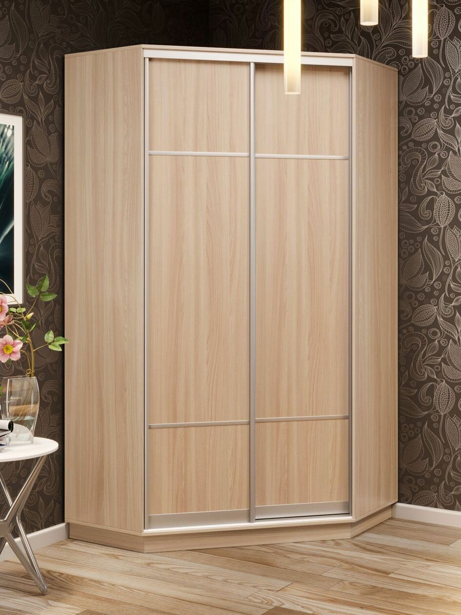 Шкаф-купе для одежды и хранения вещей Маршал Лайт угловой, с полками, со штангой, 110х45х220 см, Ясень Шимо светлый
