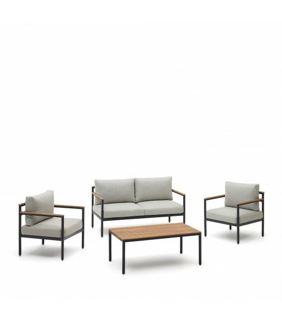 Aiguafreda Набор из 2-местного дивана, 2 стульев и журнального столика из серого алюминия и акации