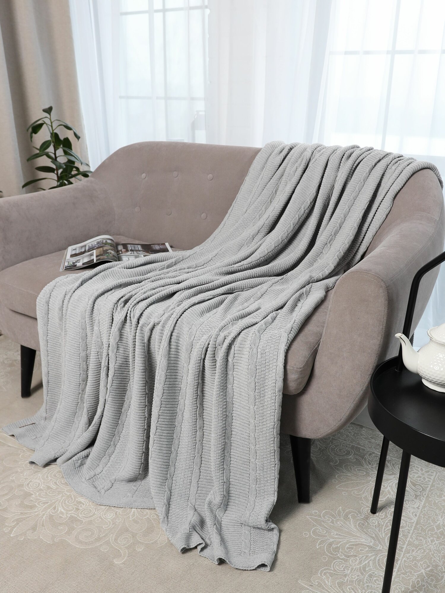 Плед DECADE Home "Полоска", вязаный, хлопок, 150x200, для уюта дома