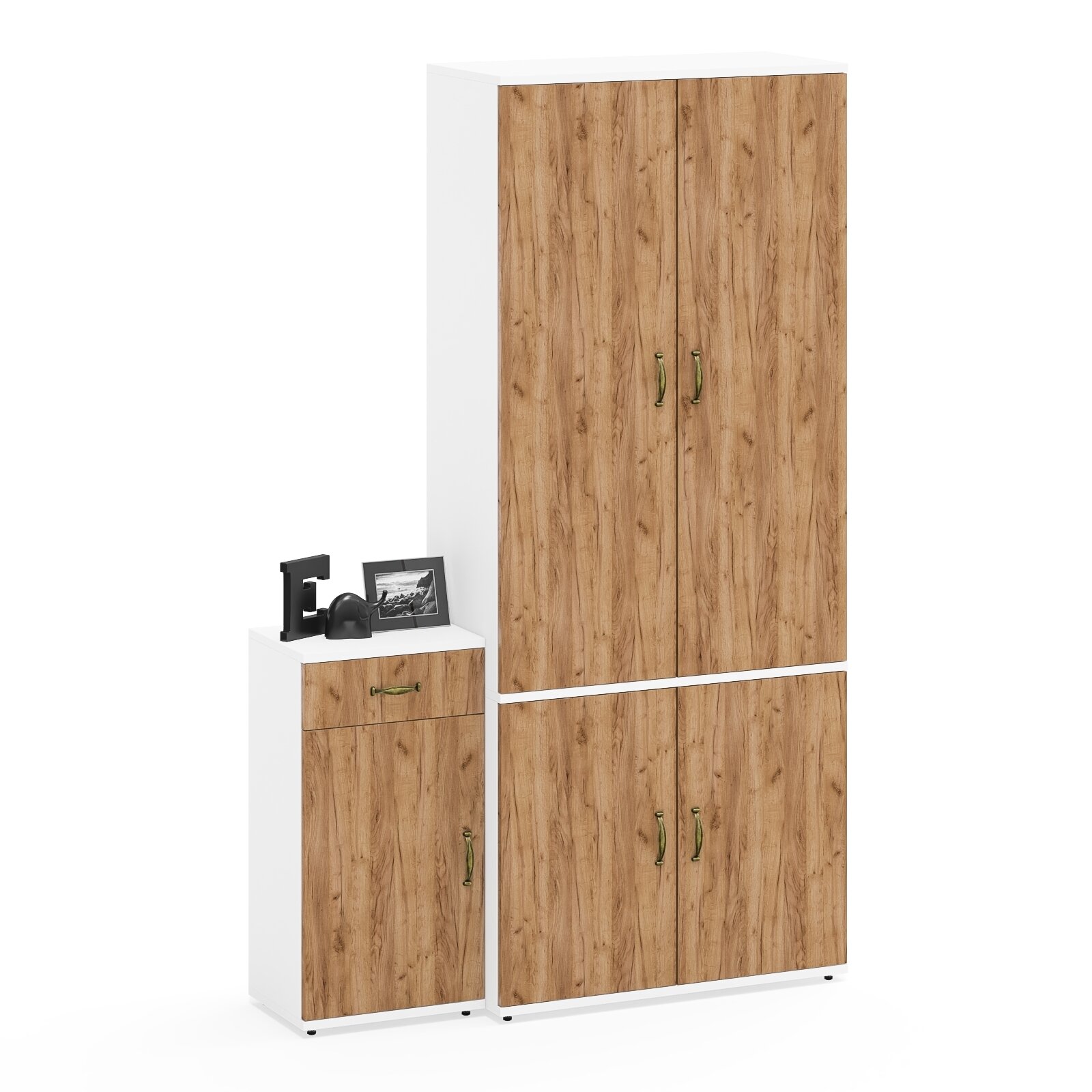 Широкий шкаф 20Б Лидер-8 и тумба с ящиком и дверкой, белый/крафт золото, 120х37,5х190 см.