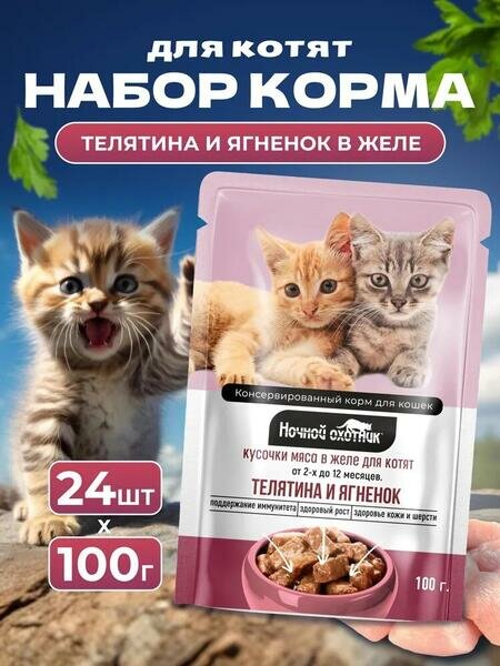 Ночной охотник 24 шт по 100 г Консервы для котят телятина и ягненок кусочки в желе