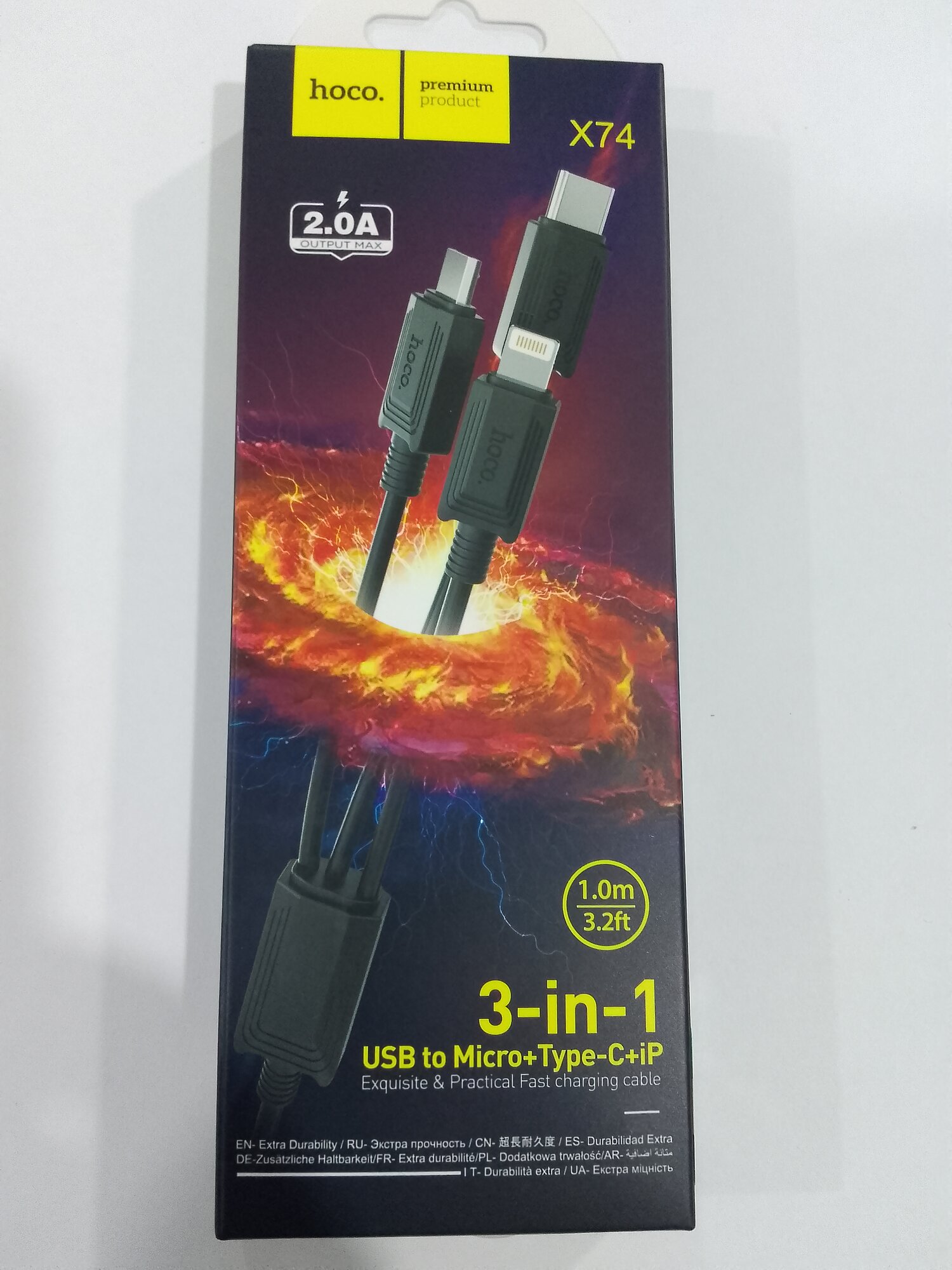 Кабель универсальный HOCO 74 Микро USB +Тип С+Айфон 1.0м 2.0А черный