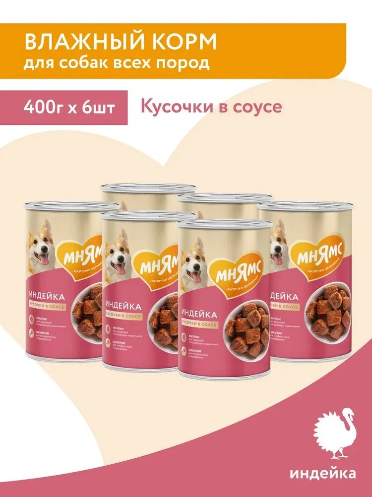 Влажный корм Мнямс На каждый день Кусочки в соусе с индейкой для собак Комфортное пищеварение, 6 шт 400 гр