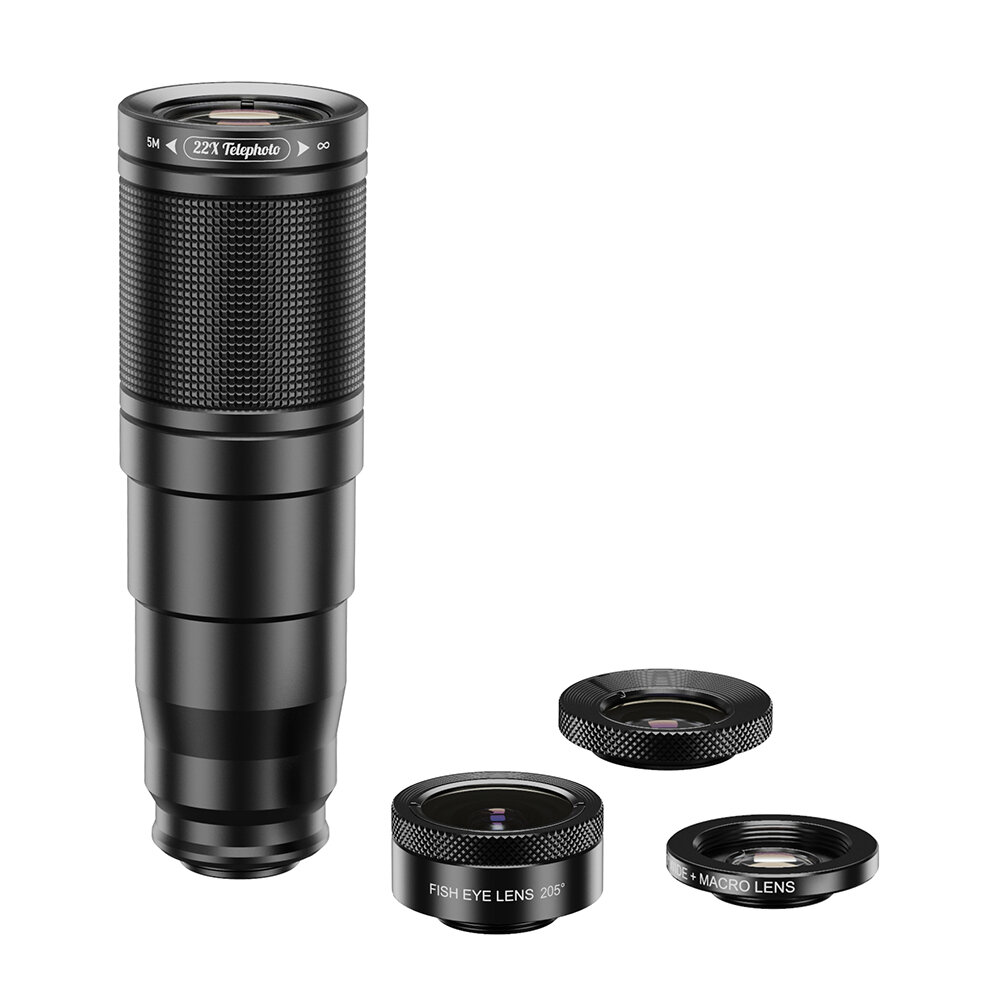 APEXEL APL-22X105-4IN1 Металлический объектив для камеры телефона 22X Телеобъектив Объектив рыбий глаз Широкоугольный объектив Макрообъектив Поляризационный объектив со штативом Крепление для объектива камеры телефона