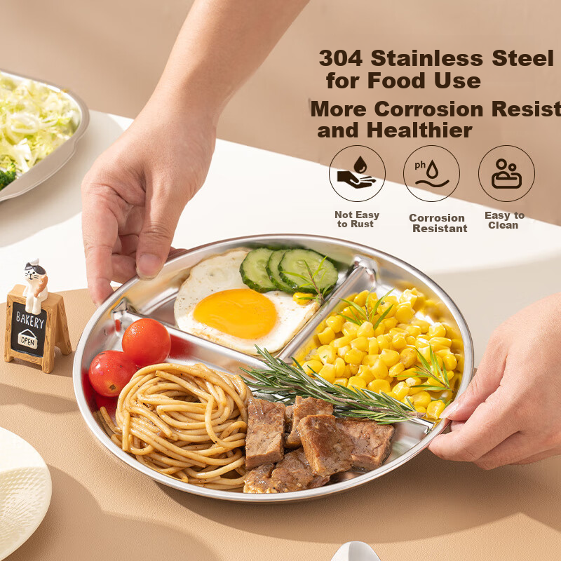 Maxcook 304 Stainless Steel Food Tray Bento Box with Dividers Cartoon Fast Food Tray Student Lunch Box Fat-reducing Meal 3 Compartments MCWA3413