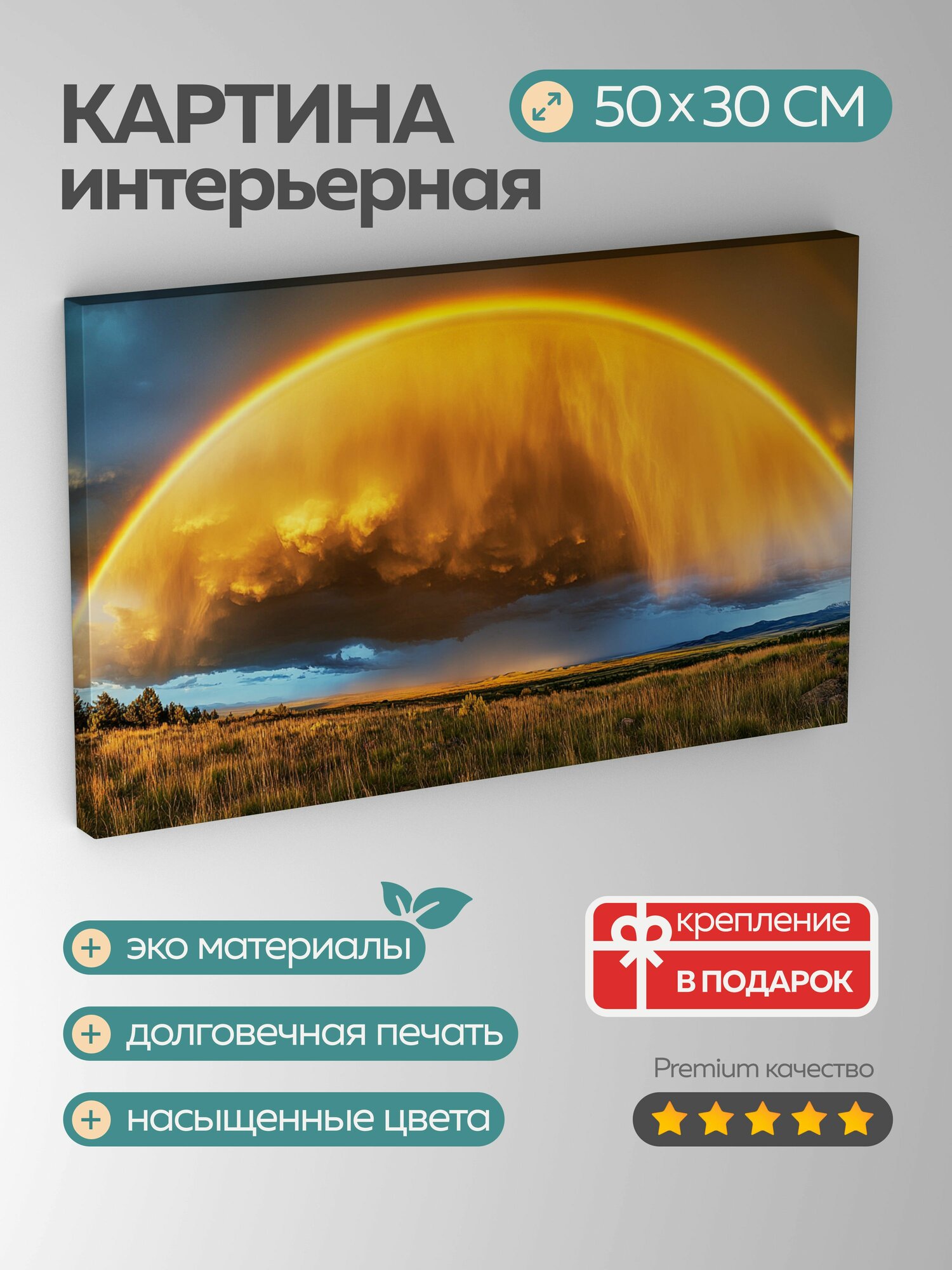 Картина на холсте интерьерная 50х30 см, радуга, грозовое небо, цвета, природа, волшебство, четкость, глубина, момент