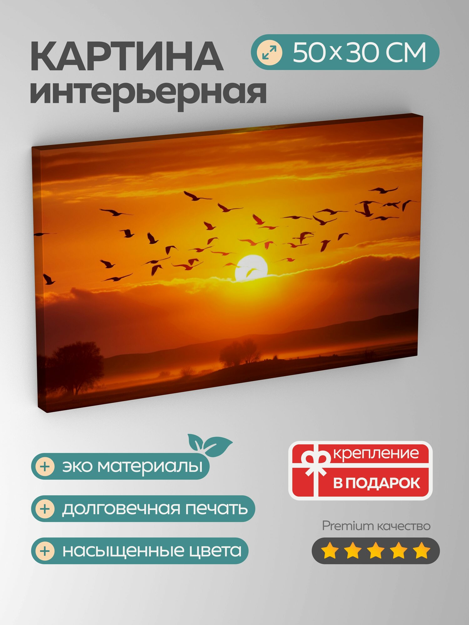 Картина на холсте интерьерная 50х30 см, восход солнца, золотые лучи, горизонт, сияющий отблеск, пейзаж, стая птиц