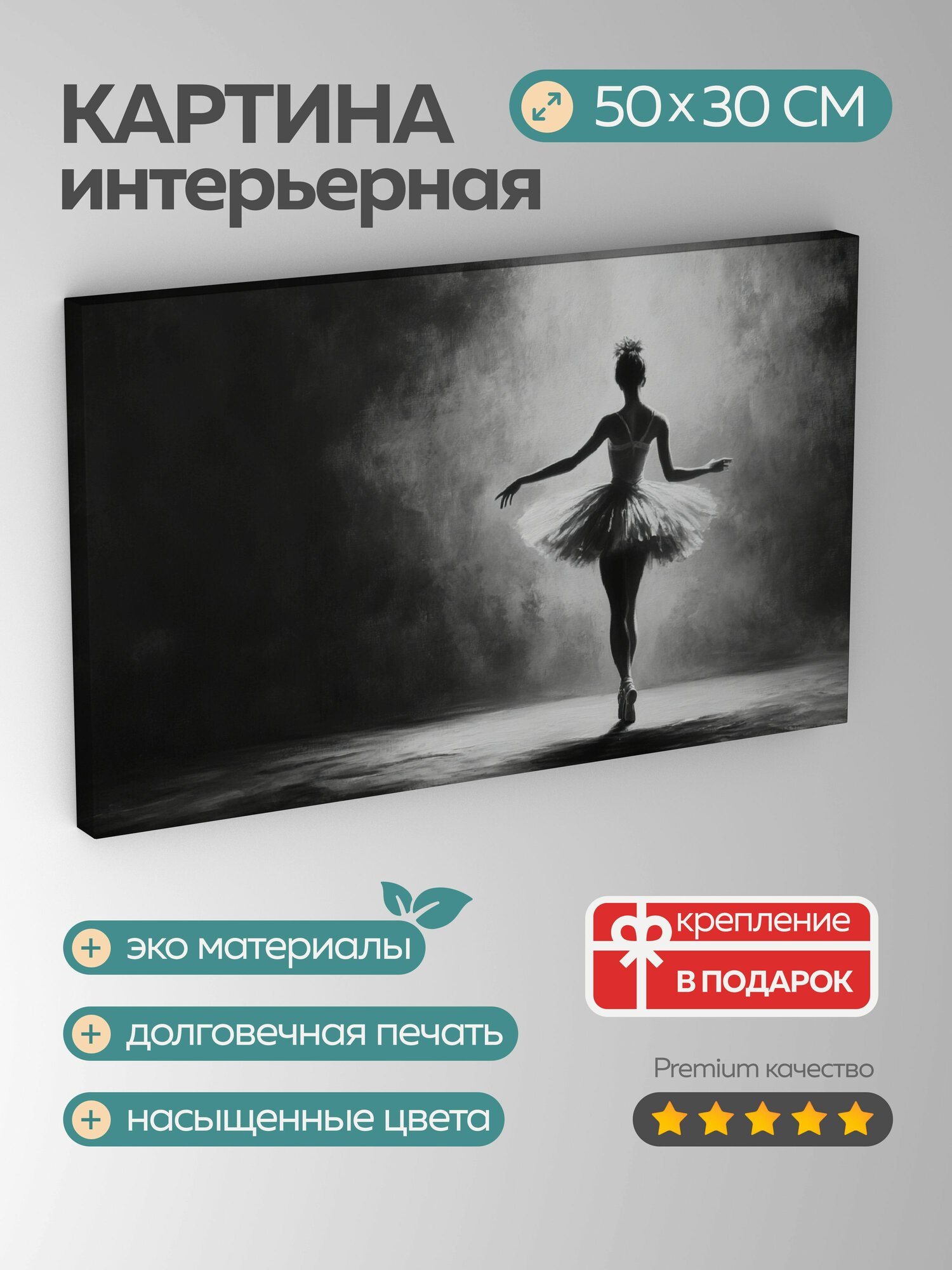 Картина на холсте интерьерная 50х30 см, балерина, монохромная, грация, танцовщица, одинокая, выступление, сцена