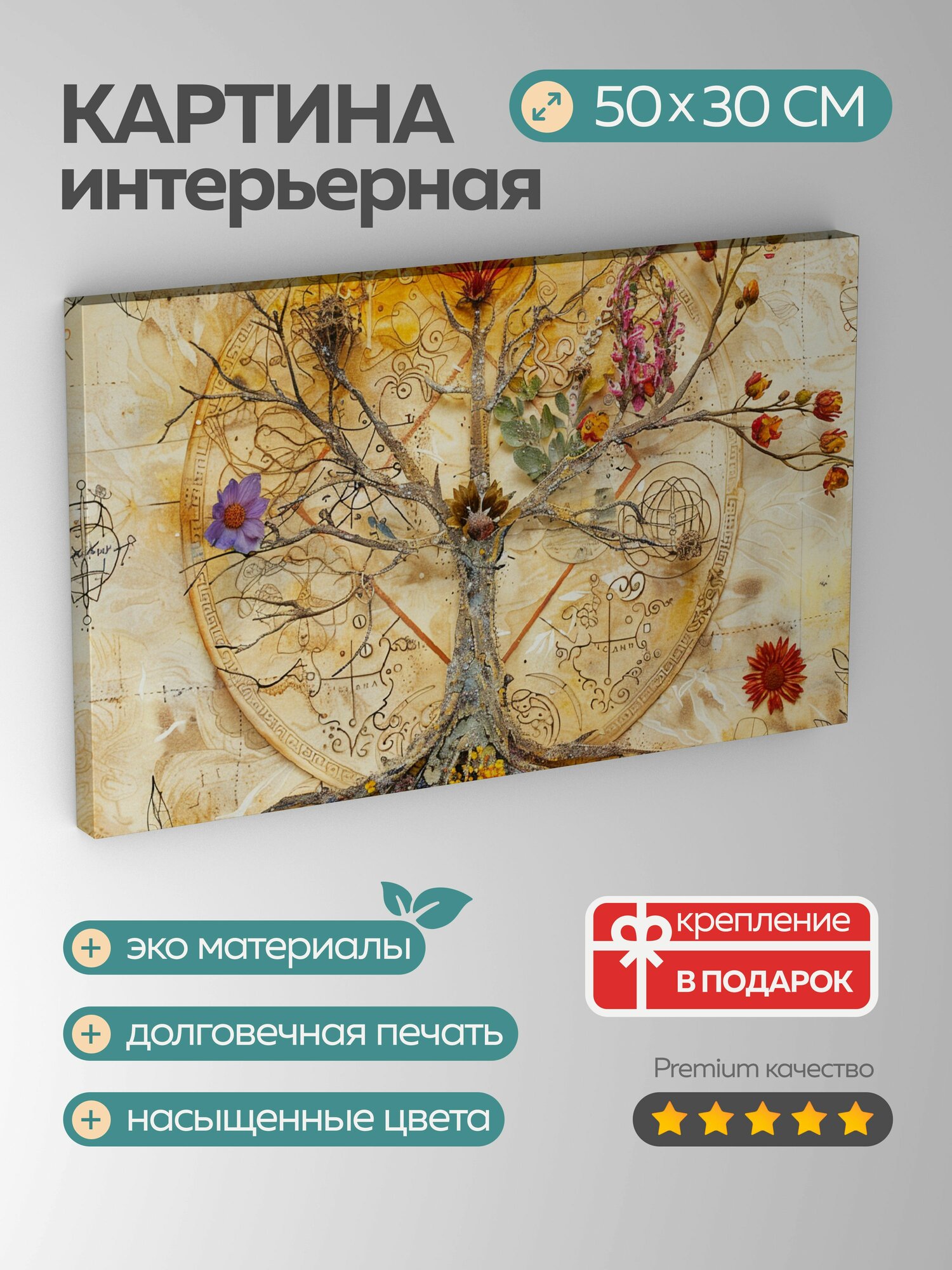 Картина на холсте интерьерная 50х30 см, Лугнасад, полевые цветы, символы, землистые оттенки, теплые, сбор урожая, 5:3.
