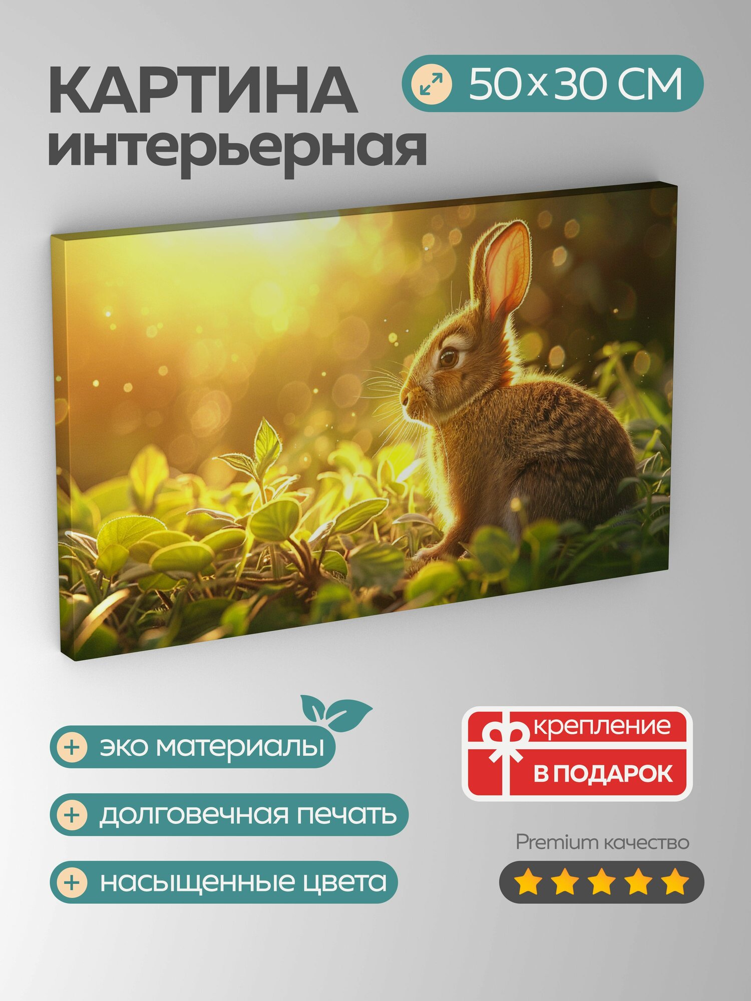 Картина на холсте интерьерная 50х30 см, Кролик, трава, солнечный свет, разрешение, идиллическая сцена, подстилка