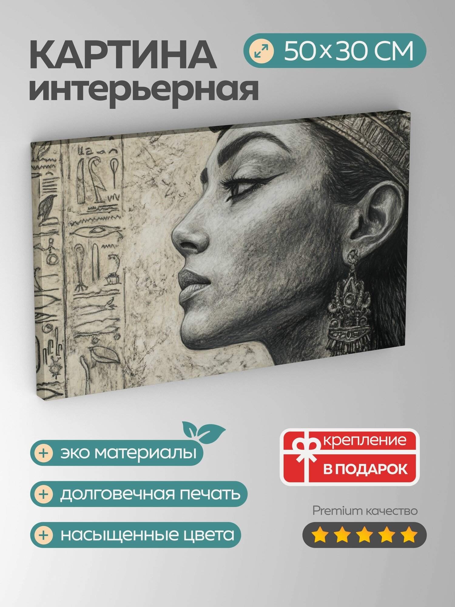 Картина на холсте интерьерная 50х30 см, Египетская царица, уголь, лицо, иероглифы, украшения, фараоны, красота, оттенки