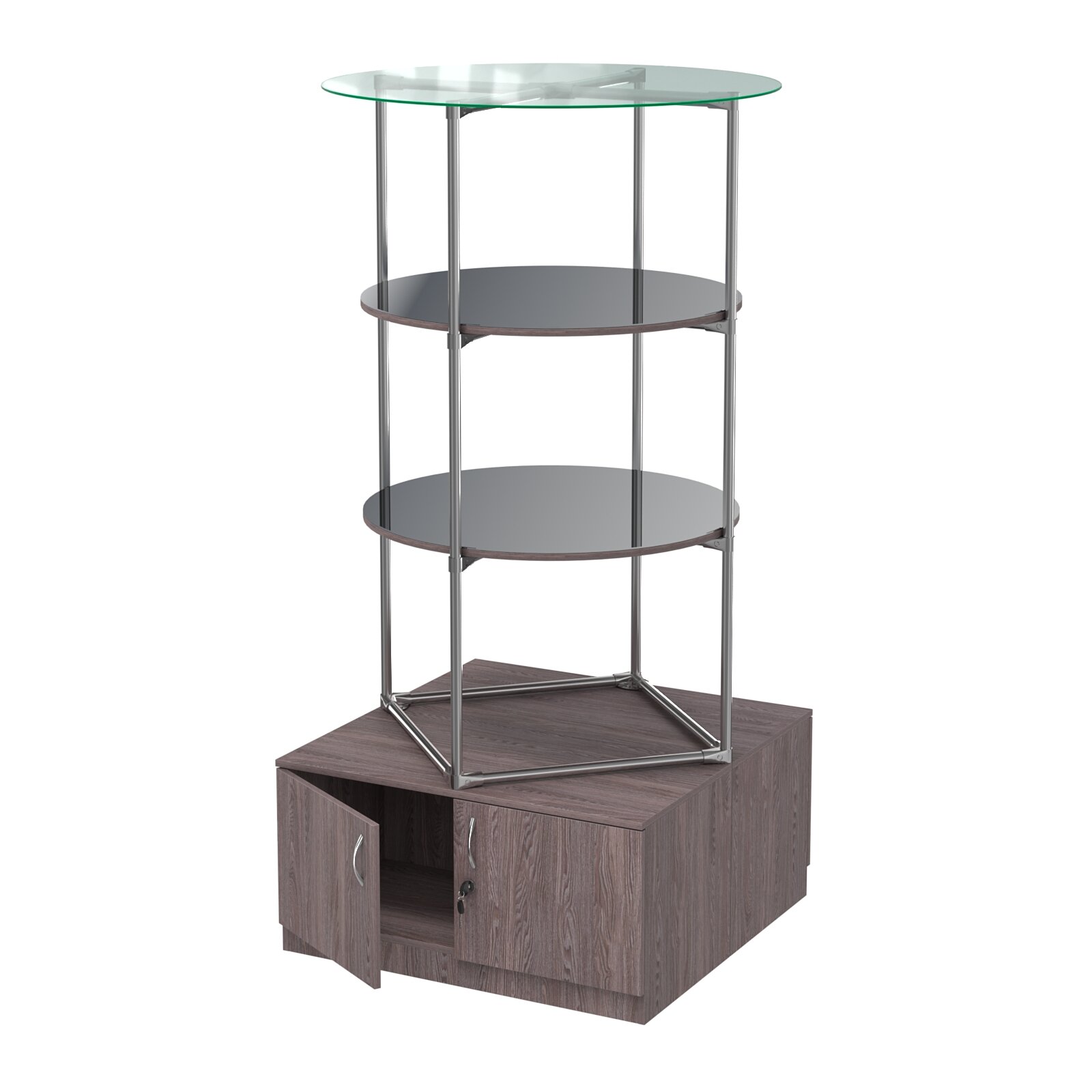 Торговые стенды сфера с полками и тумбами №4 (с двумя зеркальными полками), Ясень Анкор темный