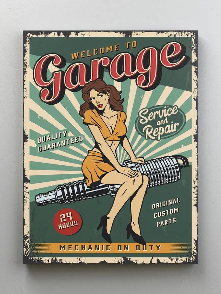 Интерьерная картина на холсте "Винтажный постер в стиле пин ап с девушкой для гаража" размер 30x40 см