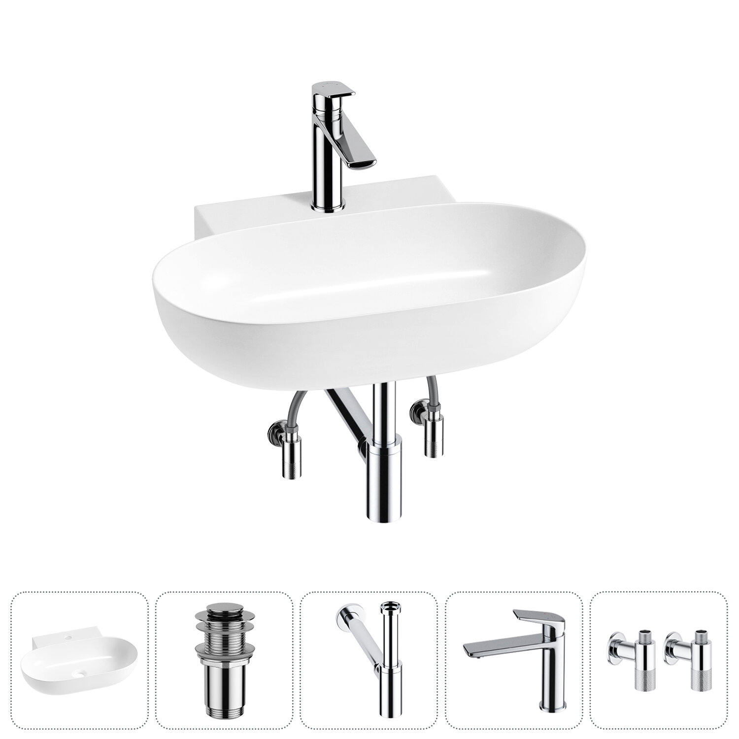Подвесная или накладная раковина в ванную комнату Lavinia Boho Bathroom Sink 20215139R в наборе 5 в 1: раковина 58 см в цвете белый глянец, донный клапан, сифон, смеситель, вентили