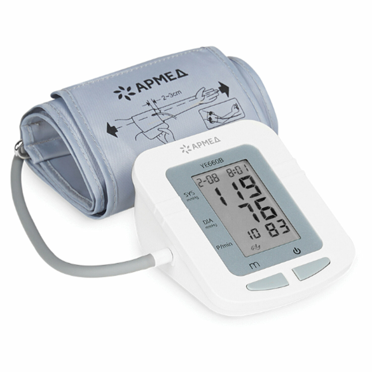 Тонометр АРМЕД YE660B, диапазон давления 0-280 мм рт. ст, диапазон пульса 40-200 уд/мин, автоматический, с поверкой, 1977602