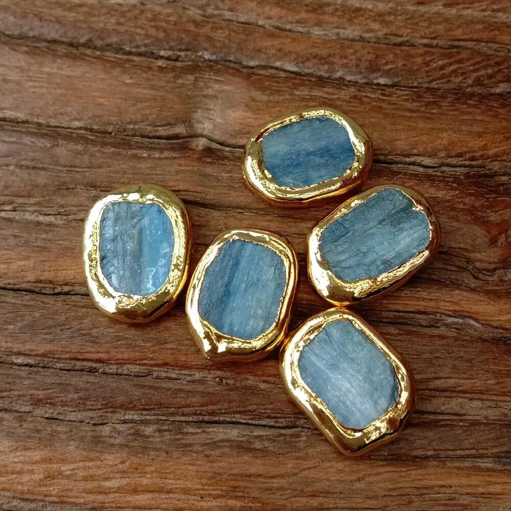 Синий кианит, позолоченные бусины, 10 шт.