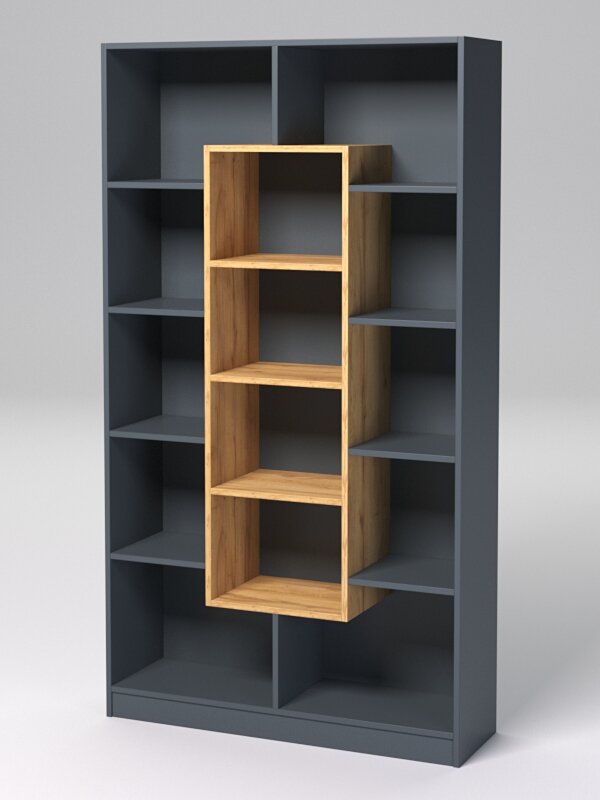Стеллаж "домашний" для книг №6А с 14-ю ячейками (задняя стенка - ДВП), Темно-серый и Дуб Золотистый