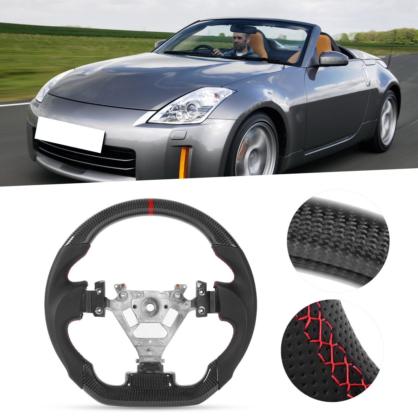 Руль на заказ из углеродного волокна с перфорированной кожей Nappa для Nissan 350z 2003-2008, с красной стежкой, красным кольцом на 12 часах, плоским дном D-образной гоночной конструкцией, пальцевыми бортиками