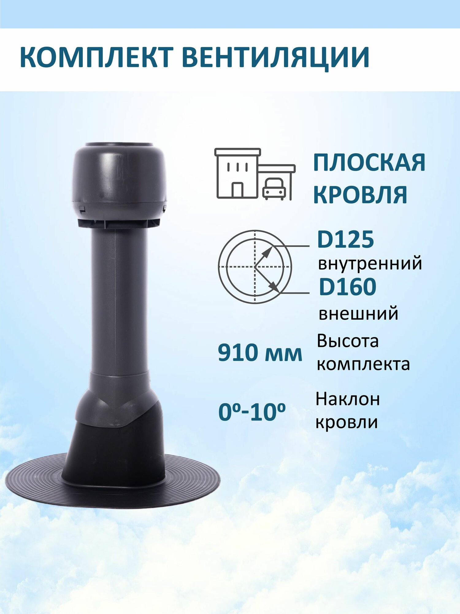 Комплект вентиляции: Колпак D160, вент. выход утепленный высотой Н-700, для плоской кровли, RAL7024