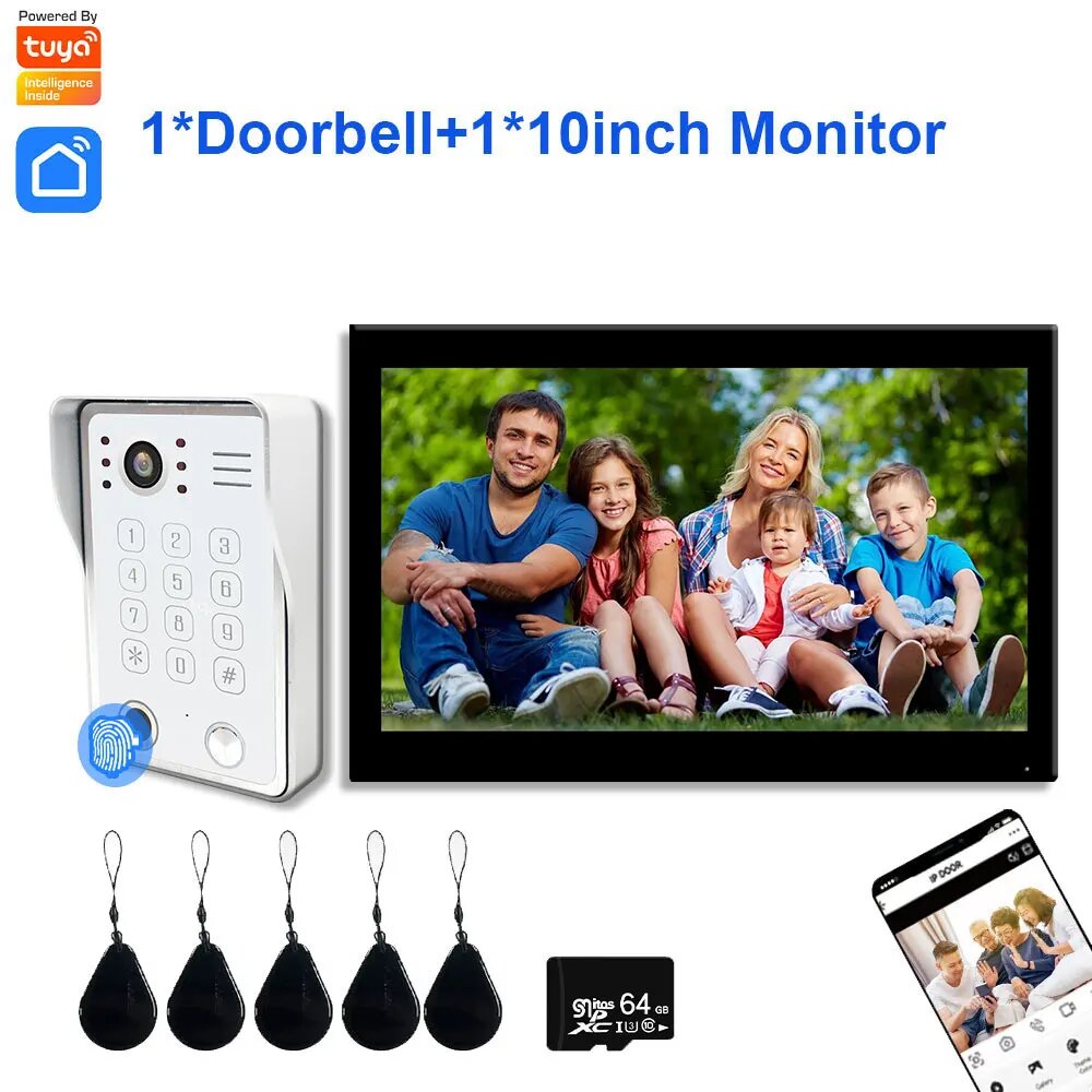 Видеодомофон ANJIEOSMART 1080P Tuya WiFi с разблокировкой по отпечатку пальца W1D-1M10inchW-64G