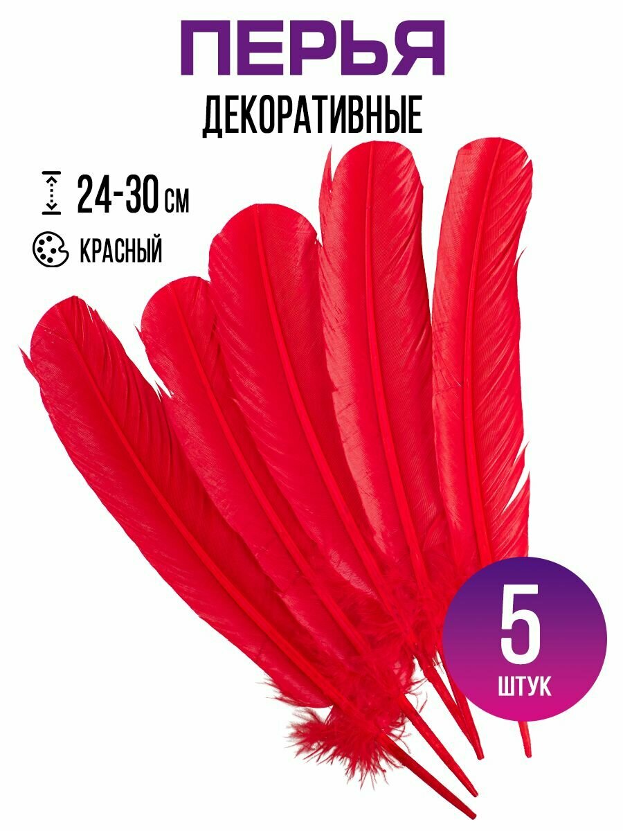 Перья декоративные 240-300 мм (красный 009), упаковка 5 штук