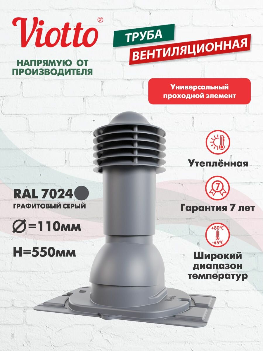 Труба вентиляционная Viotto с универсальным проходным элементом d-110мм утепленная серый графит (RAL 7024)