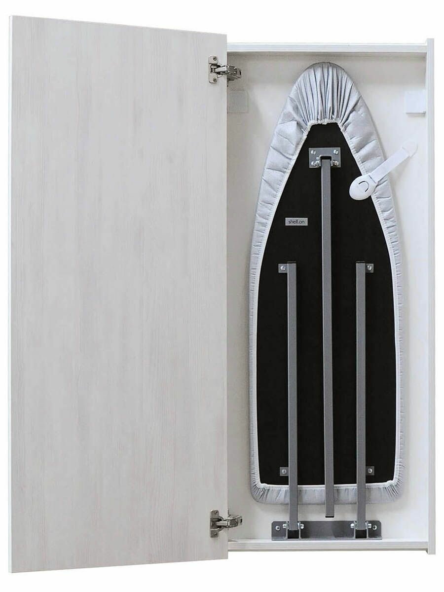 Компактная гладильная доска в шкафу с зеркальным фасадом Астра Мини (зеркало), выбеленный дуб распашная лево