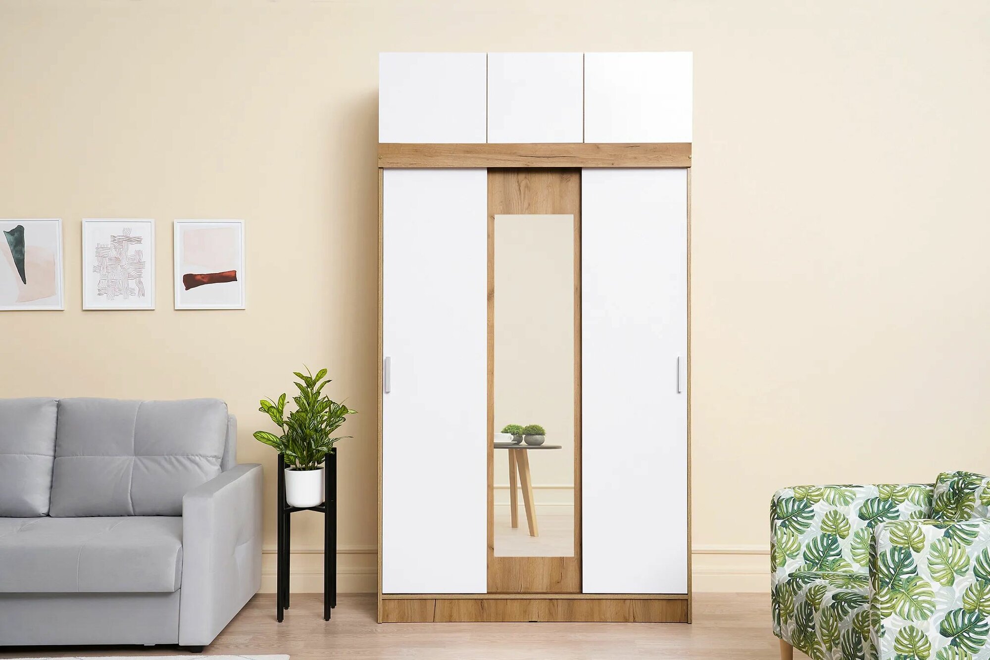 Бася/Роджина Шкаф с антресолью (Белый глянец/Дуб крафт)