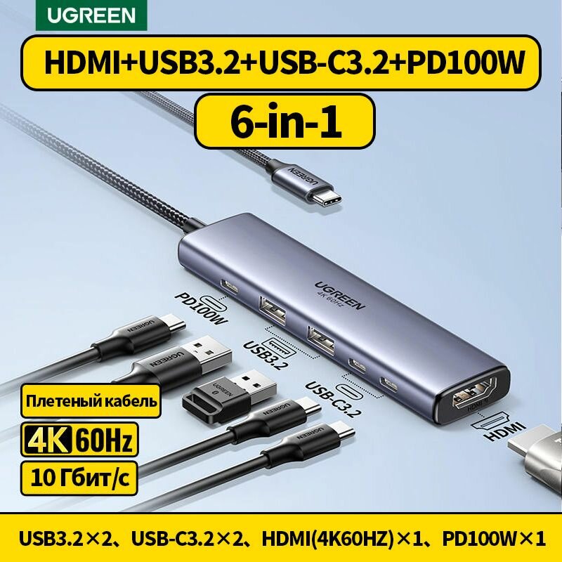 USB-Концентратор UGREEN 6-in-1 (35999), 4K HDMI, USB 3.2 10Gbps, USB-C3.2 10Gbps, PD 100W Hub