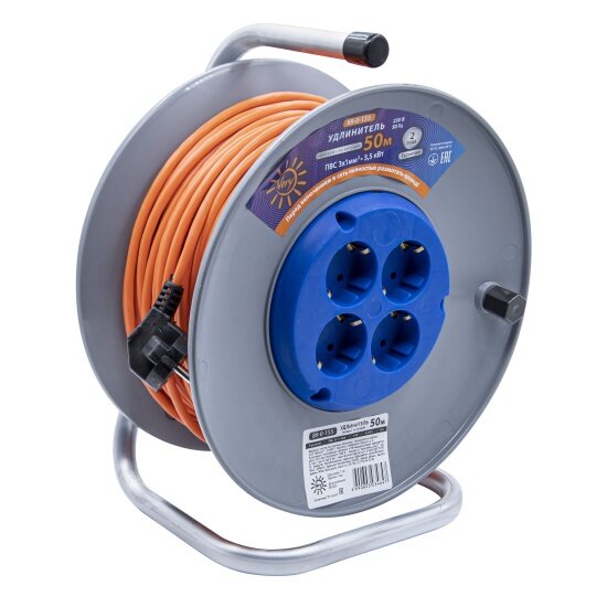 Ремоколор Силовой удлинитель на катушке 4 розетки, ПВС 3x1мм2, 16А, 3,5кВт, с заземлением, 50м 89-0-155