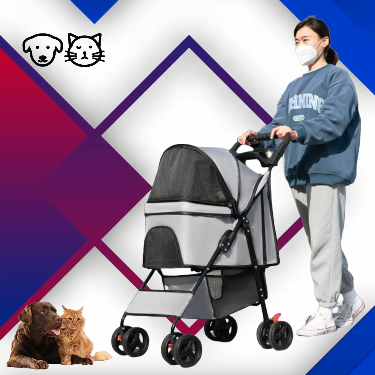 Коляска для перевозки животных, Легкая Складная коляска для собак и кошек, нагрузка до 15 кг, 61x50x100cm
