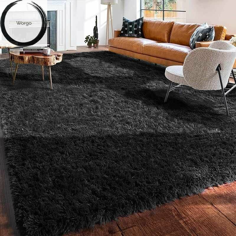 Ковер на полу размером 180x200 см можно использовать в спальнях гостиных детских комнатах черное плюшевый мягкий и удобный Worgo