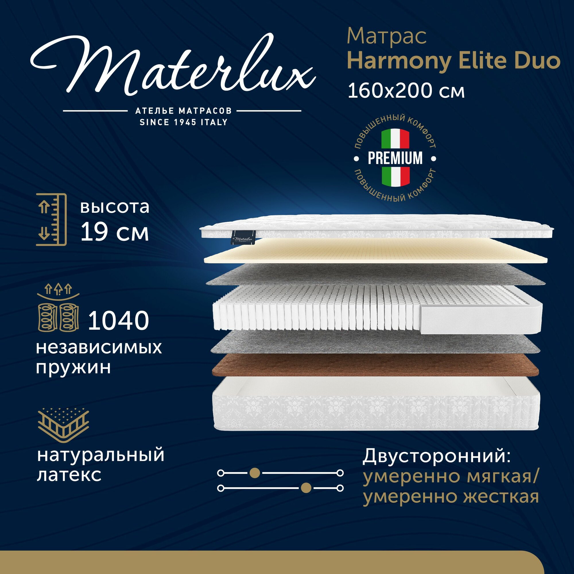 Матрас Materlux Harmony Elite Duo, Независимые пружины, 160х200 см, двусторонний