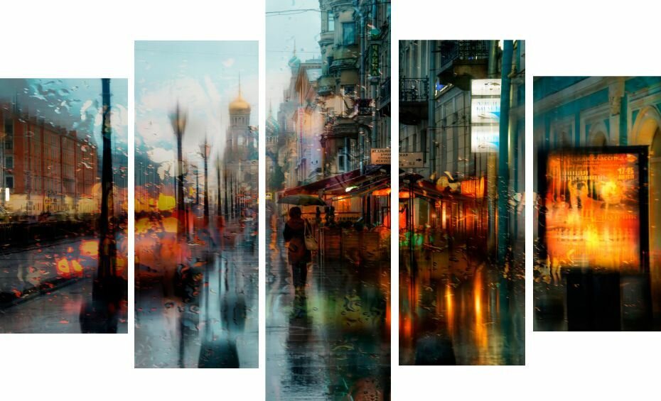 Modul007 Модульная картина а стену для интерьера из 5 модулей "Дождливый Питер" 140х80 см декор комнаты на подрамнике