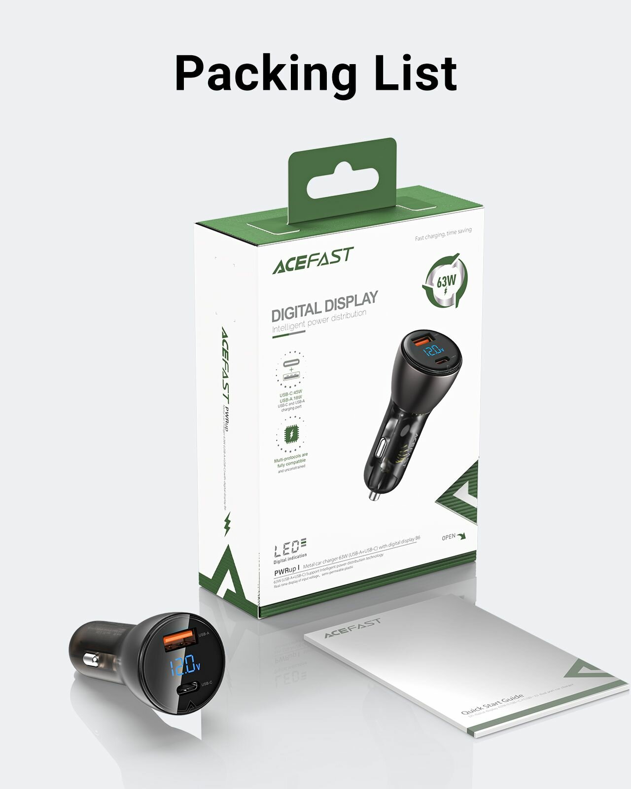 Автомобильное зарядное устройство ACEFAST B6 63W USB-A+USB-C DISPLAY