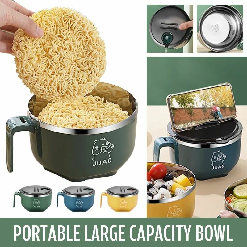 Миска для лапши быстрого приготовления с подогревом, изолирующая портативная емкость для супа, рамена и горячих блюд, из нержавеющей стали, 1000 мл