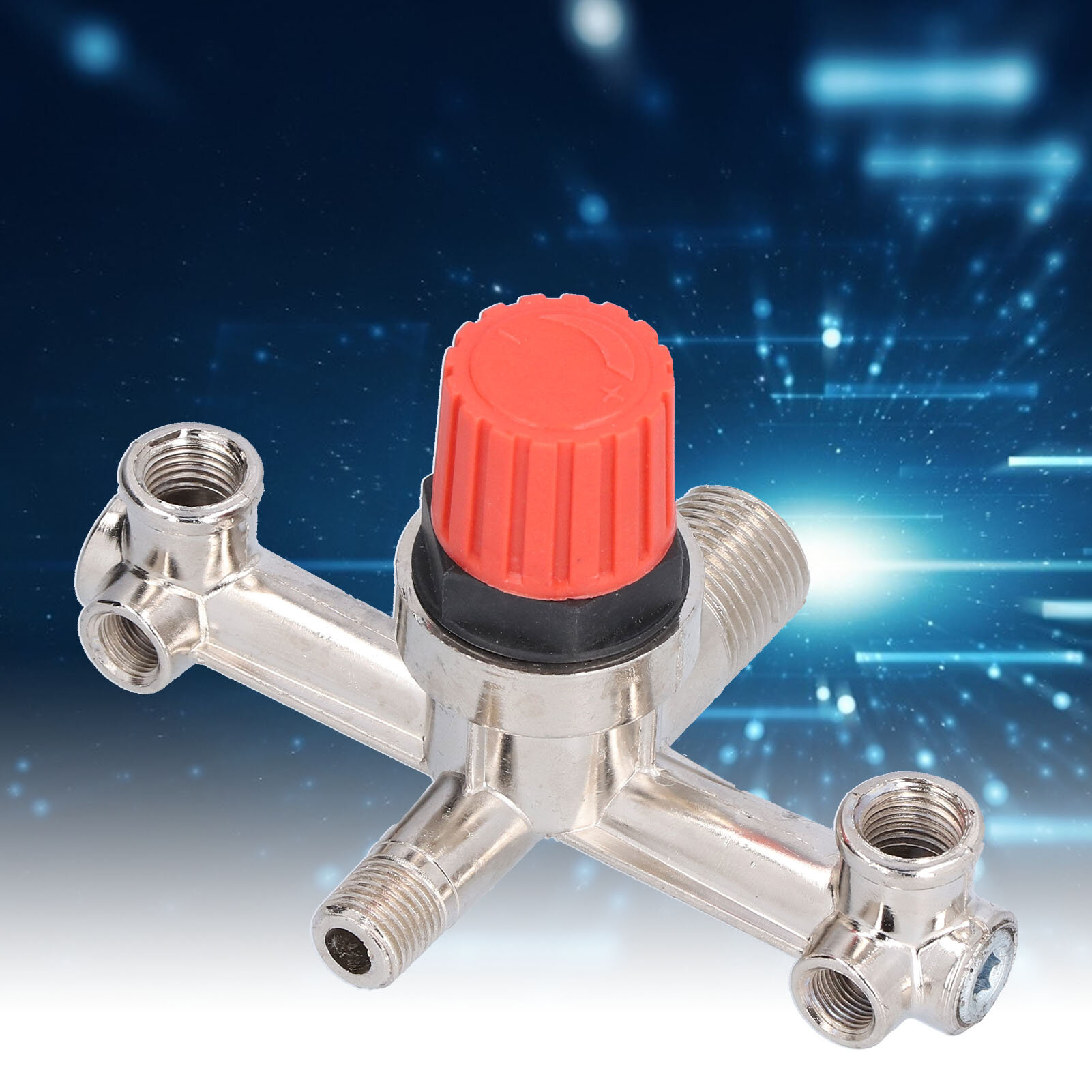 Кран для компрессора воздуха с двойным выходом, металлический клапан, нерегулируемый фитинг, аксессуар, материал алюминий + пластик, для поршневого компрессора, соединение резьбовое, наружная резьба 1x20.5мм 1x12.5мм, внутренняя резьба 3x11.5мм 2x8.5мм,