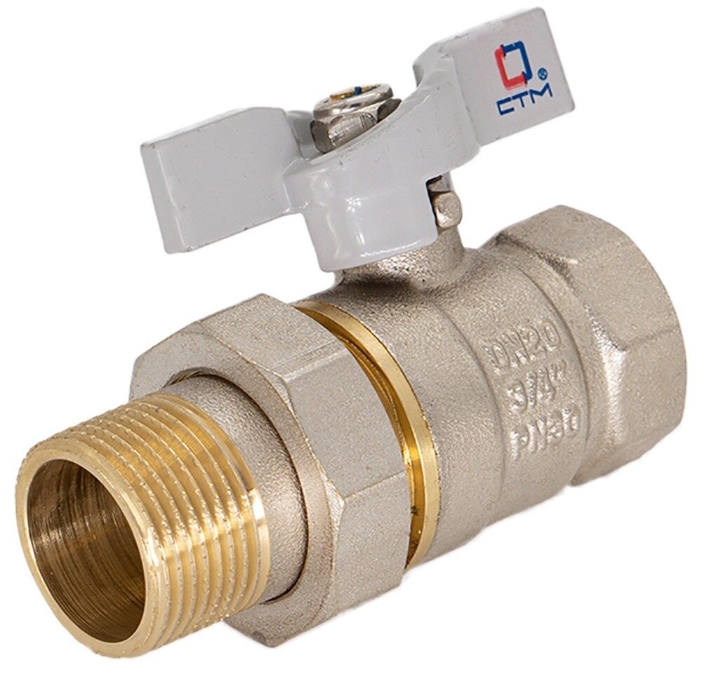 Кран шаровый для воды СТМ прямой со сгоном, ручка бабочка, латунь, цвет серый, резьба 1/2" / запорная арматура