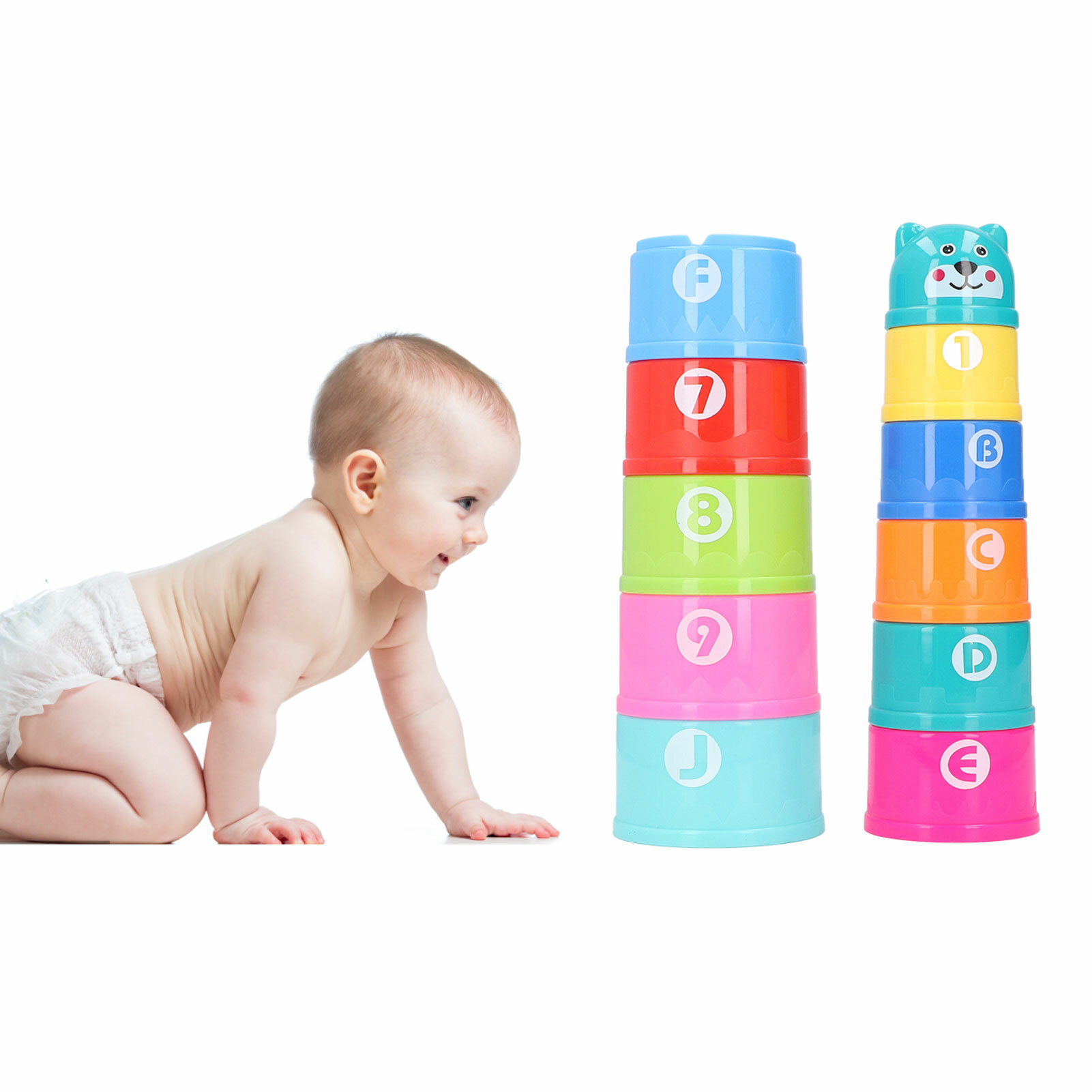 11шт Набор стопочных чашек для детей Яркий цвет Игрушка для укладки Детская образовательная игрушка для ванны Пластик 6М+ 10 стопочных чашек 1 аксессуар 1 сеточная сумка