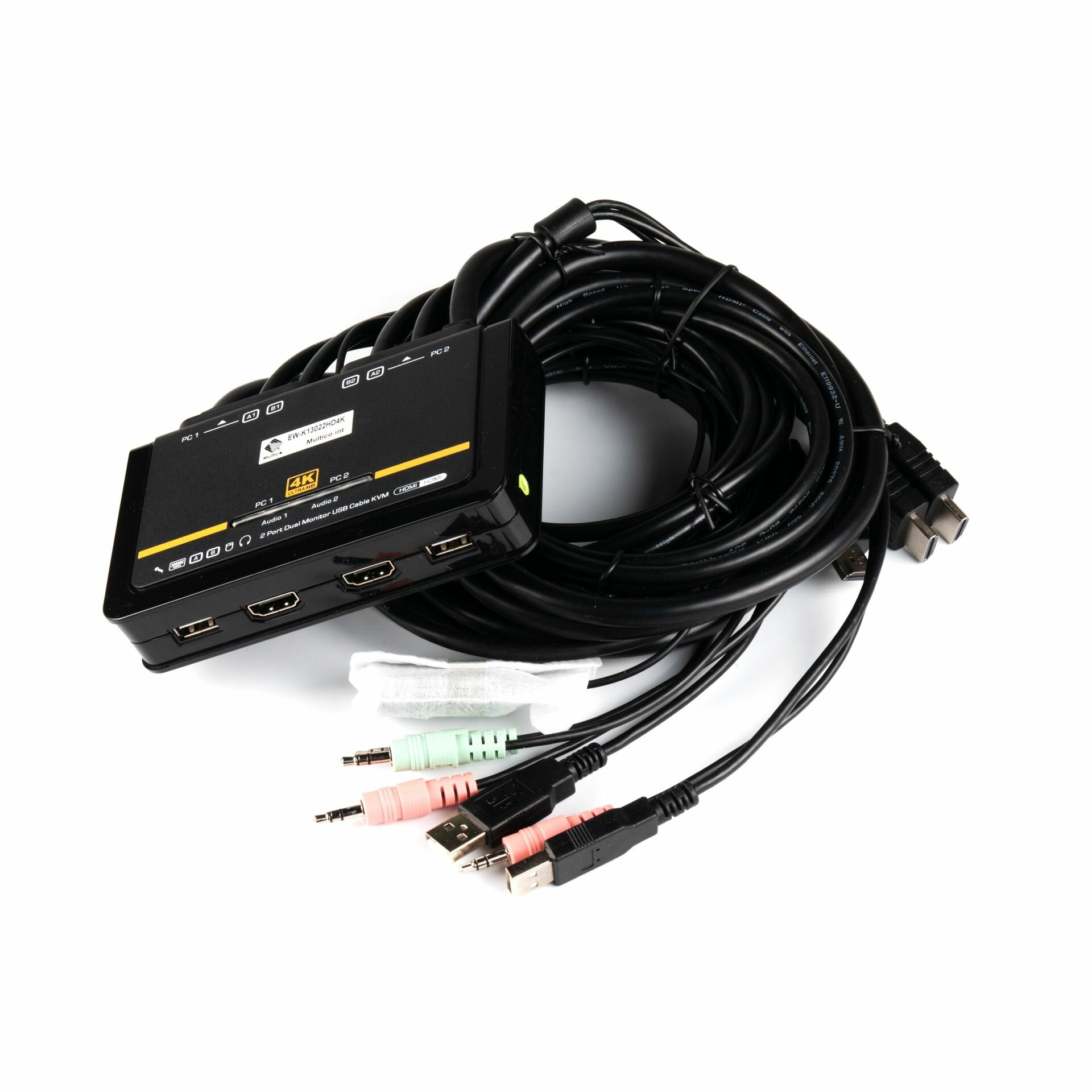 MultiCo EW-K13022HD4K переключатель KVM 2-х мониторный для подключения 2-х компьютеров к одному набору: 2 монитора HDMI 4K, клавиатура, "мышь", колонки, микрофон, USB устройства
