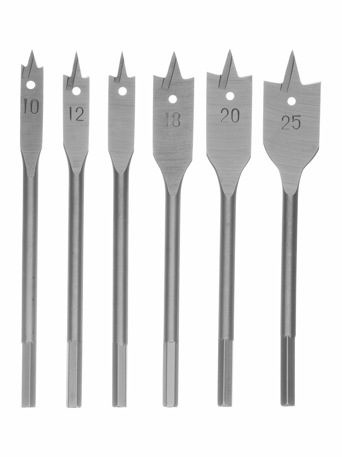 Набор сверл перьевых по дереву Сибртех, 10, 12, 16, 18, 20, 25 мм, 6-гранный хвостовик, 6 шт из стали 45, перовые 704155