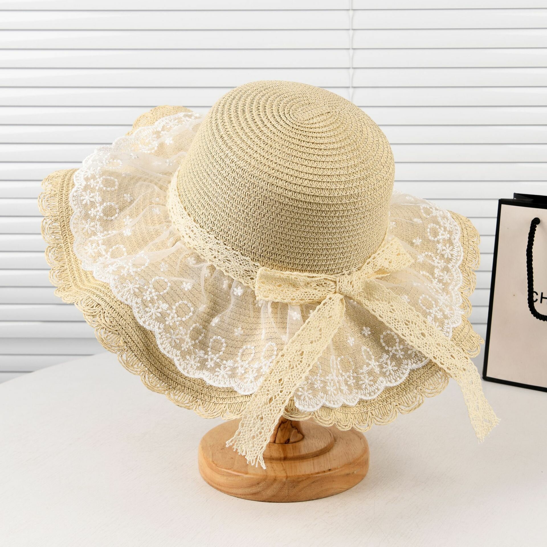 Шляпа, женская, летняя, сетчатая, кружевная, соломенная, с бантом, большие поля, цвет хаки
