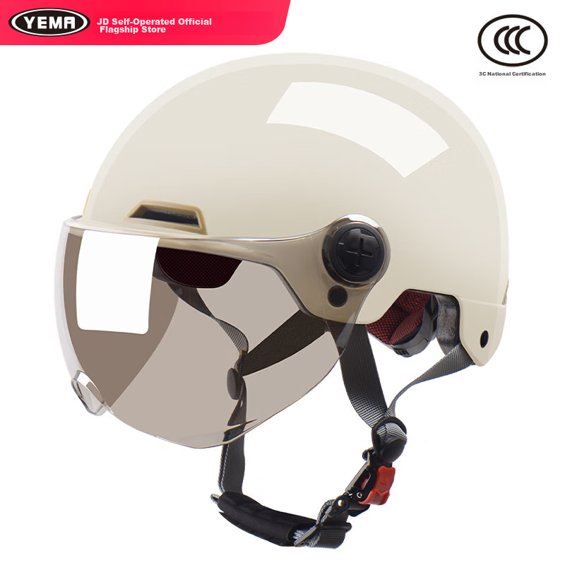 YEMA 3C Certified 351-2S Electric Scooter Helmet, Women's Summer Sun Protection, Half Helmet for Electric Scooters, Men's Motorcycle Safety Helmet, Khaki White + Short Coffee-Colored Visor