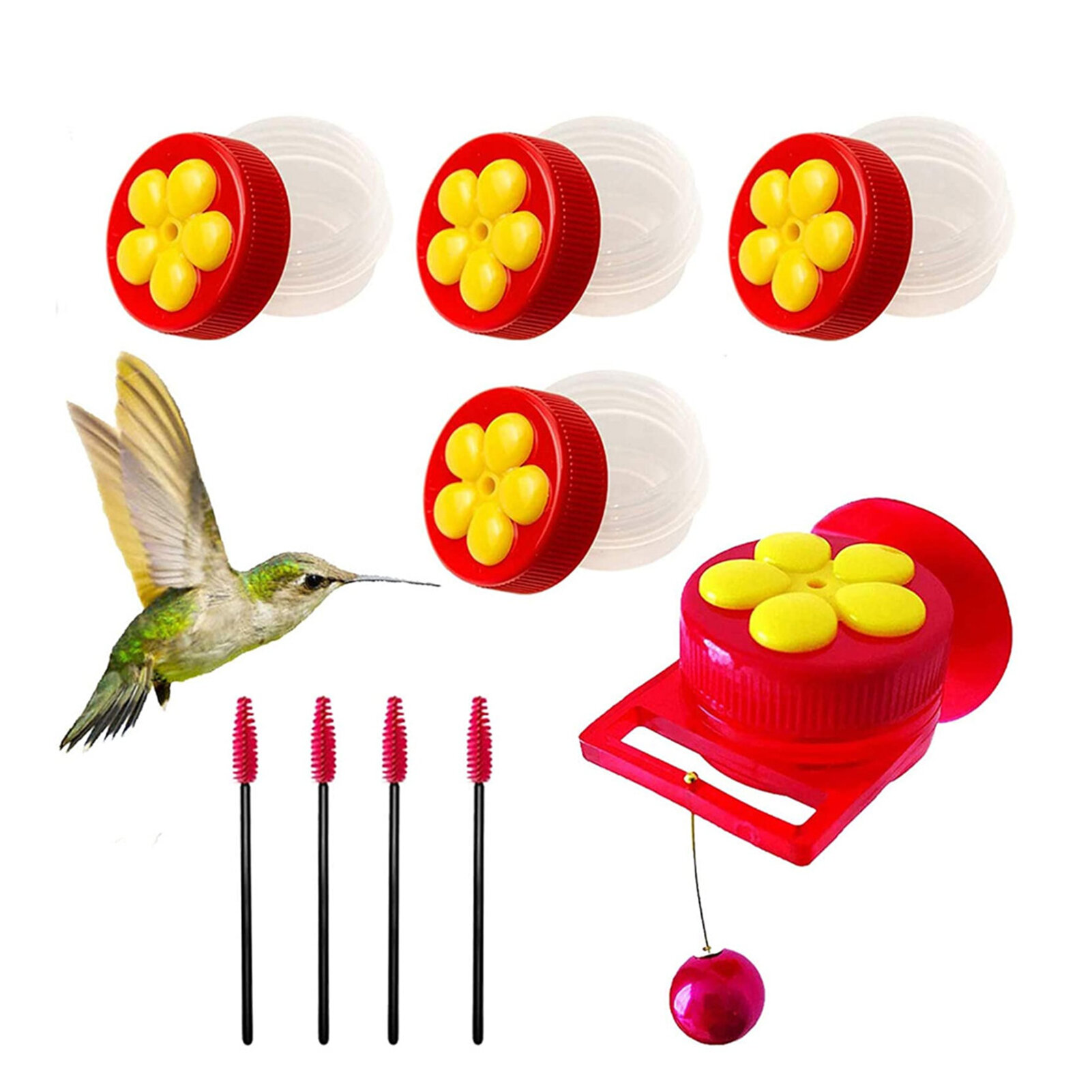 Производитель комбинации небольших кормушек для птиц в виде колибри производит кормушки с присосками для окон для продажи на трансграничных платформах с красной крышкой и желтым цветком.